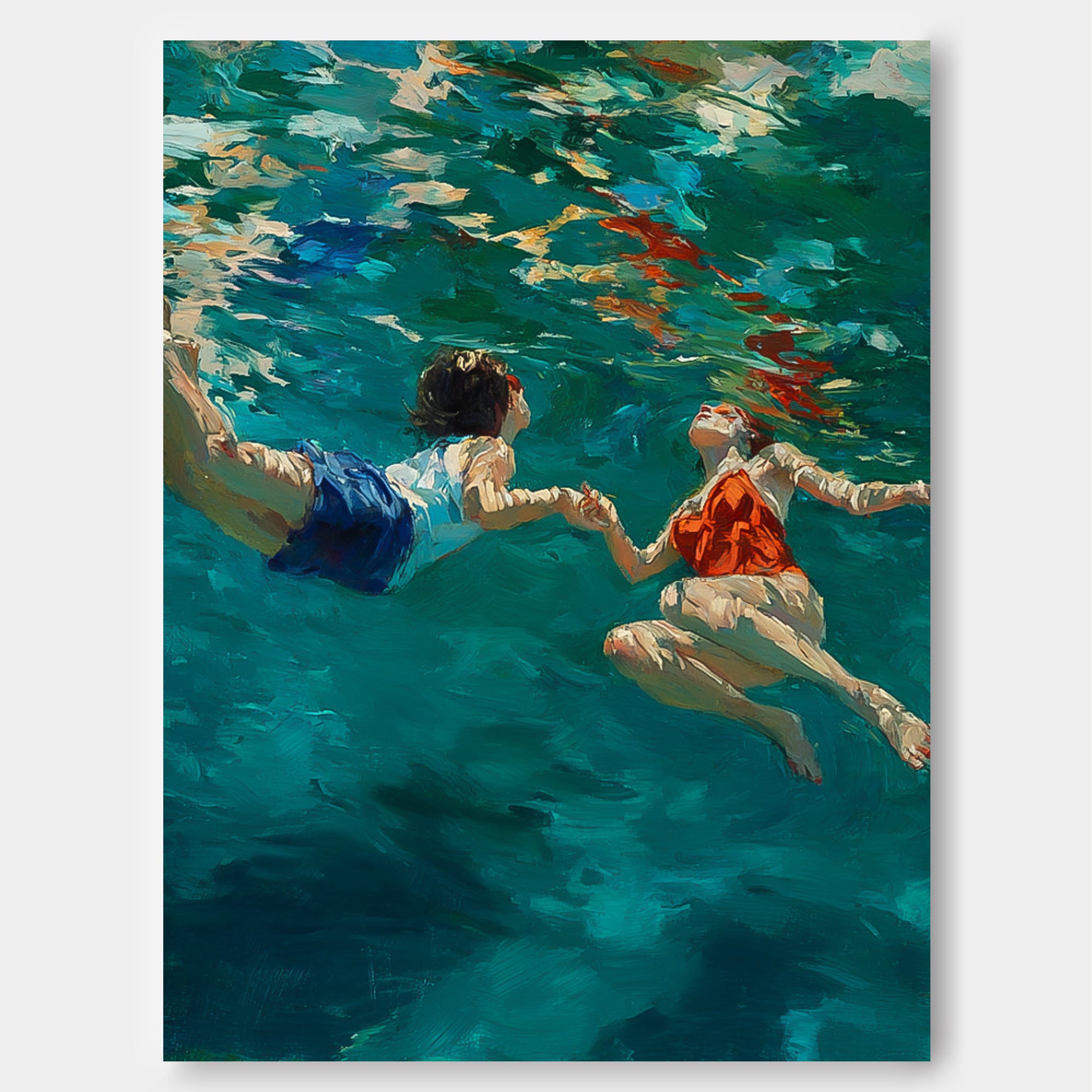 Original Diving Wall Art Abstract Two People playing In Water Oil ...
