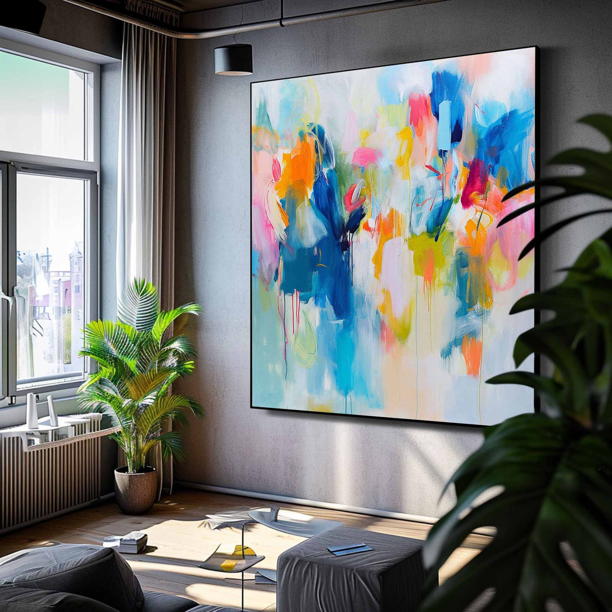 Large Square Colorful Abstract Canvas Art Framed Modern Abstract ...