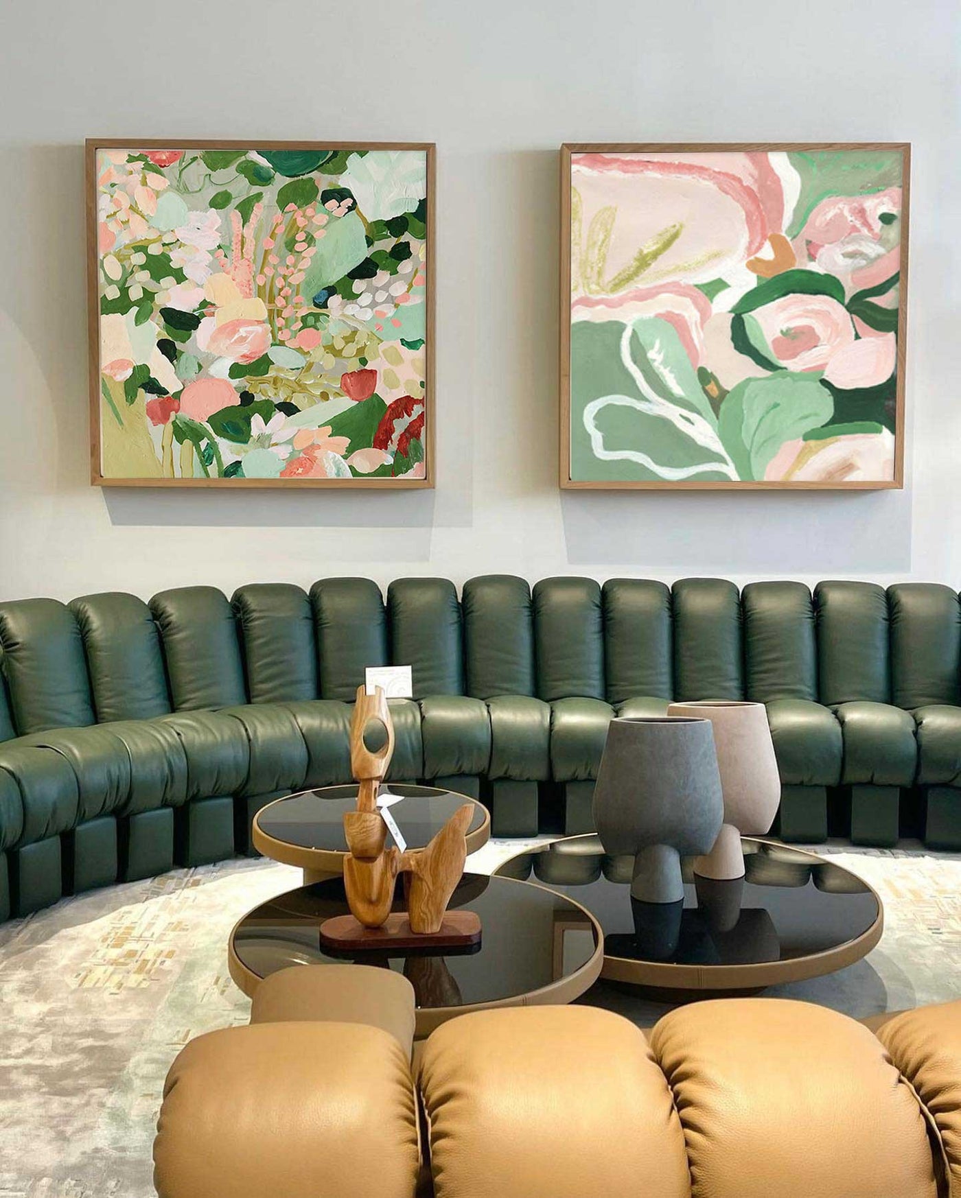 Set of 2 Large Abstract Flower Modern Green Square Original Oil ...